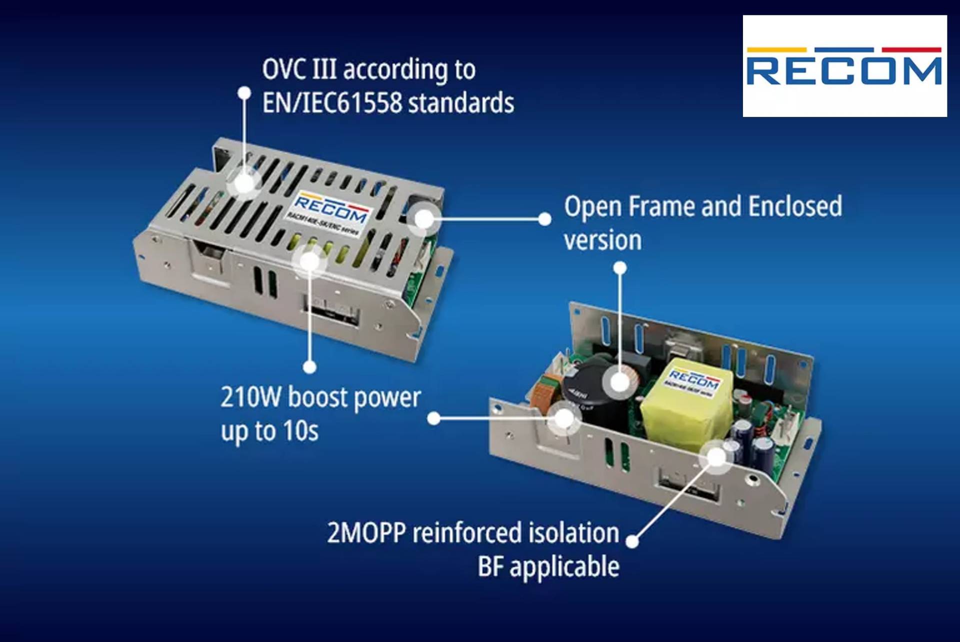 RECOM K-Series AC/DCs now include 140W Part with 210W Boost Power